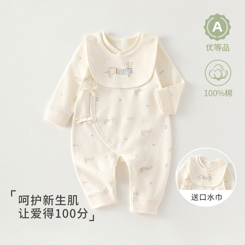 2026 Новейший осенний комбинезон для новорожденных из чистого хлопка, класс А, без косточек, для младенцев и малышей, с шнуровкой и бабочкой, с водонепроницаемым слюнявчиком