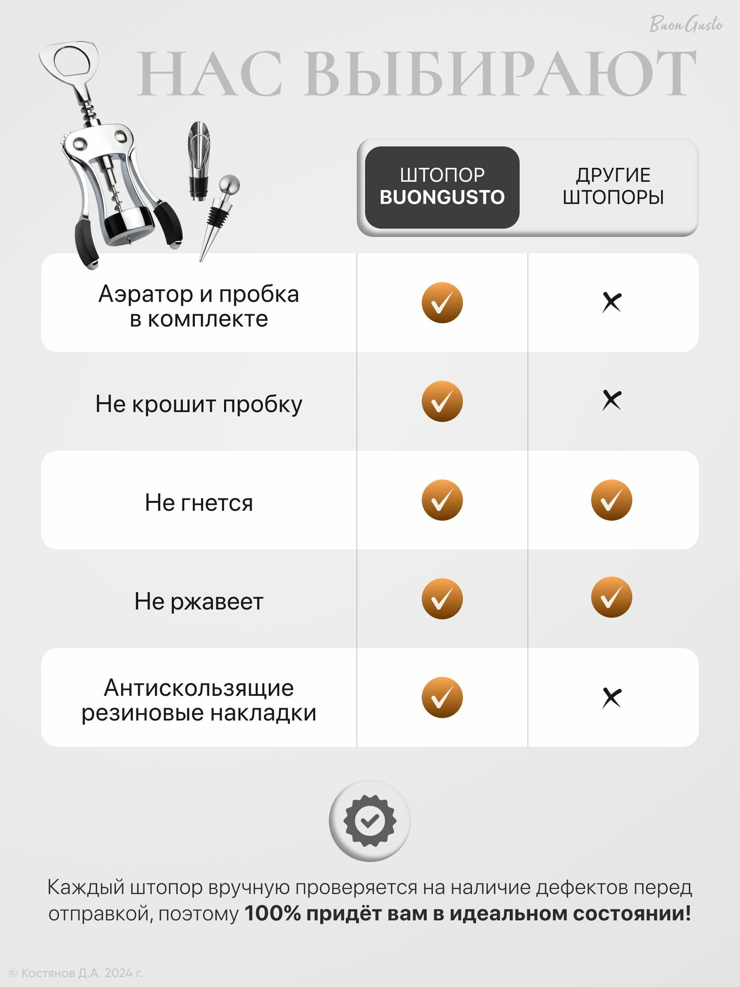 Штопор и пробка для вина BuonGusto "Рычажный", серебристый, металл