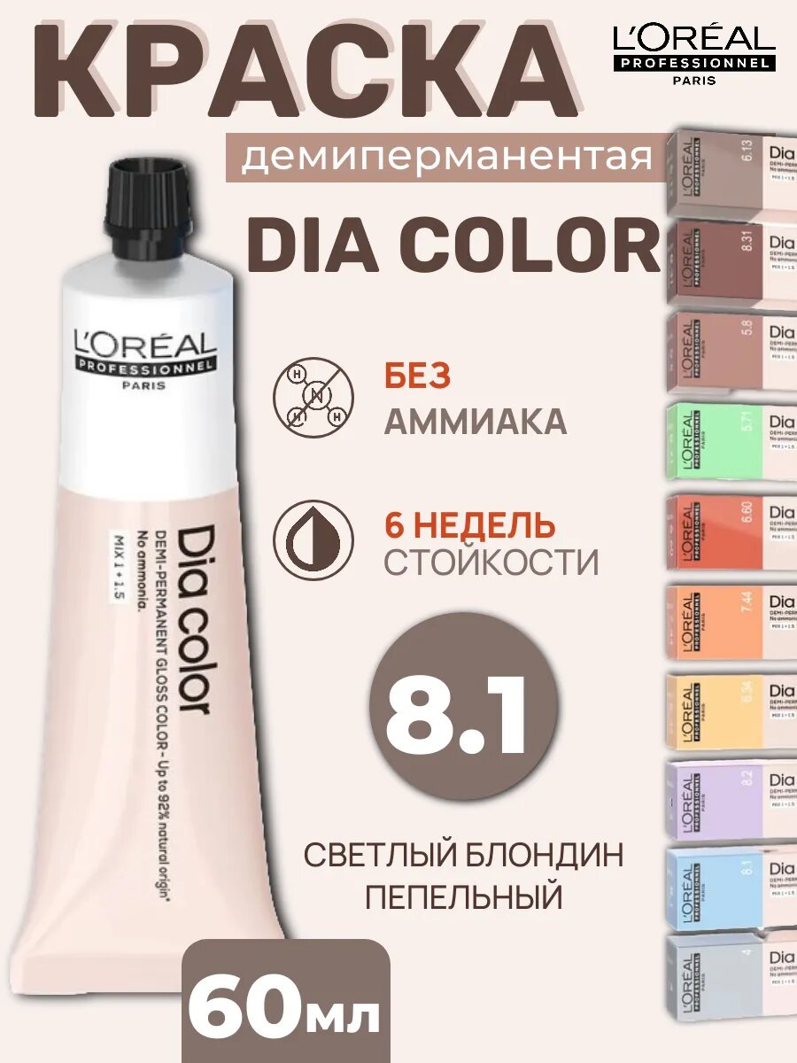 L'oreal Professionnel 8.1 краситель-блеск без аммиака, светлый блондин пепельный Dia color, 60 мл