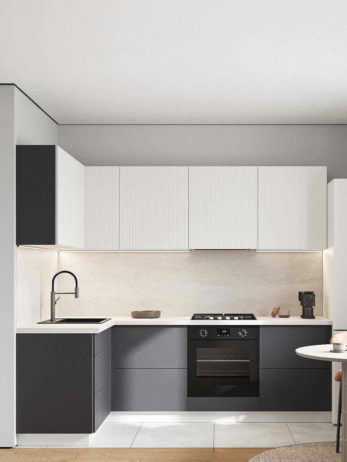 Кухонный гарнитур угловой Комби 2.4х1.4 м, мебель для дома и кухни, Белый / Бланж / Графит