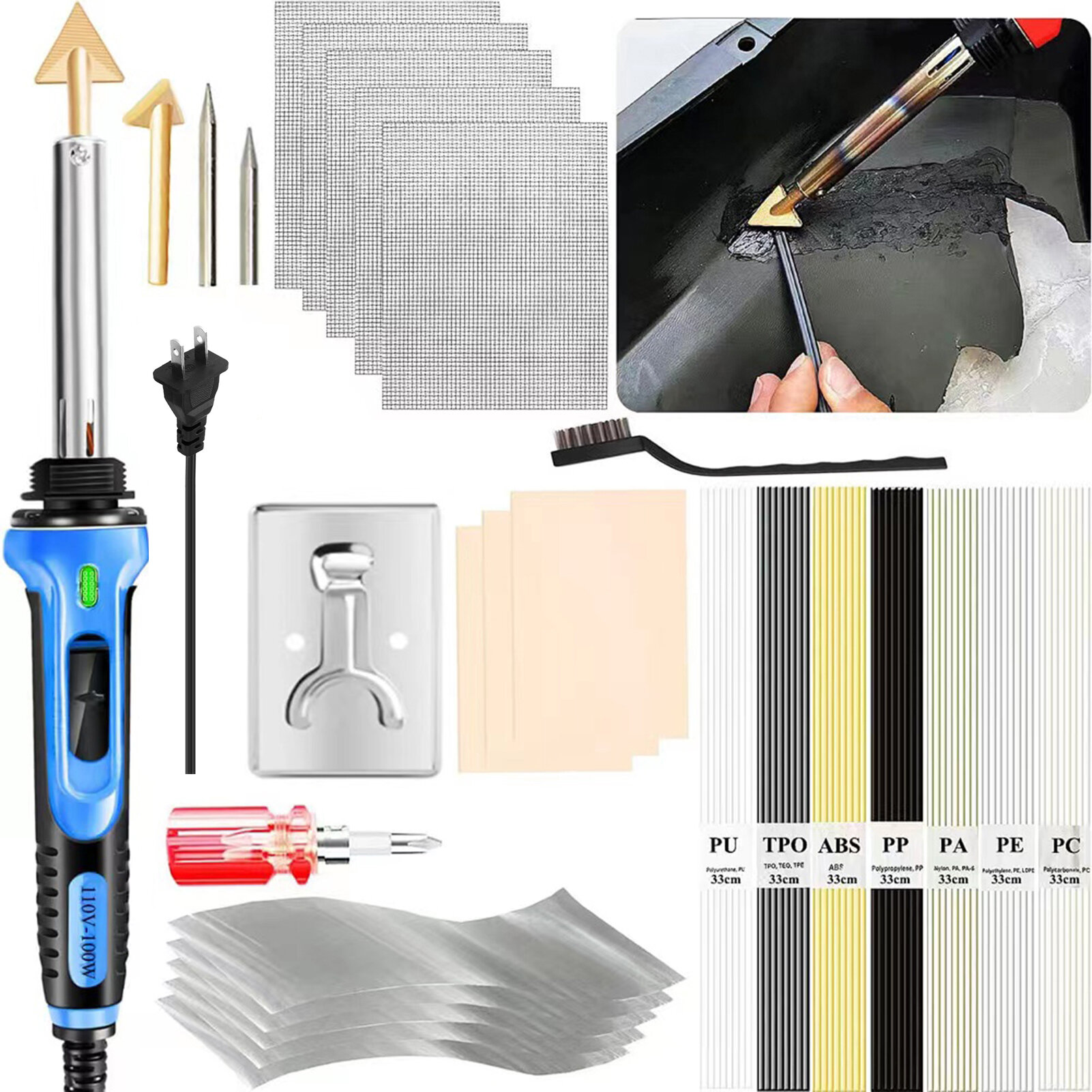 Набор для сварки пластика 100W, 2-в-1 сварка пластика и паяльник, паяльник с 3-ступенчатым регулированием температуры для ремонта бамперов и каяков, станция для ремота, тепловой инструмент для ремонта, электрический паяльник, US, Красный, Синий, Белый,