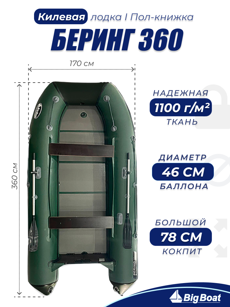 Надувная, под мотор, килевая лодка из ПВХ для рыбалки Bering (Беринг) 360К пол-книжка
