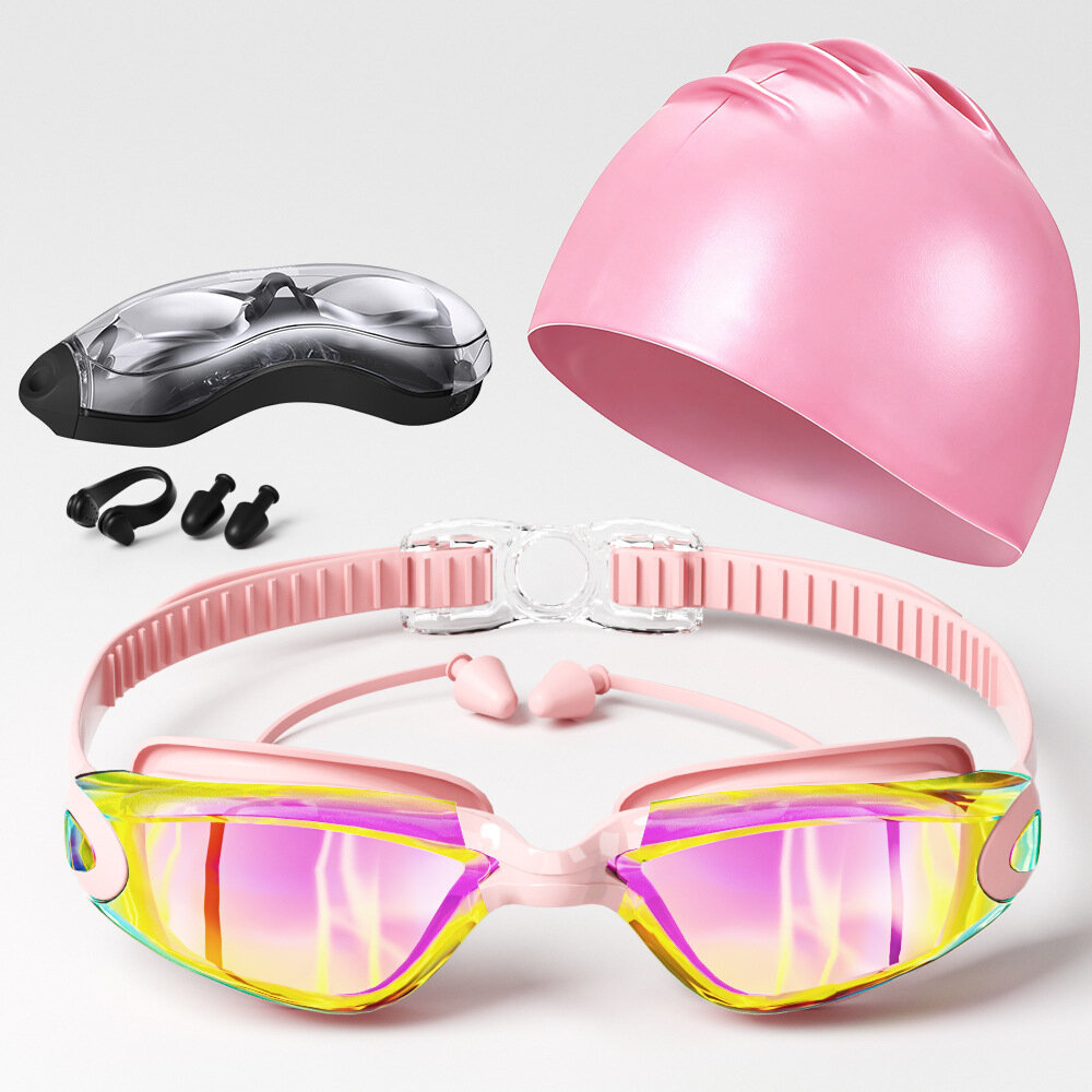 Набор популярных взрослых плавательных очков Amazon, HD водонепроницаемые, антизапотевающие, электролитически покрытые очки, шапочка для плавания, зажим для носа, беруши