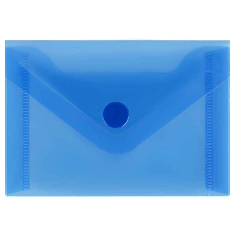 Папка-конверт на кнопке СТАММ А7 (74*105мм), 150мкм, пластик прозрачная, синяя, 20 штук, 370531