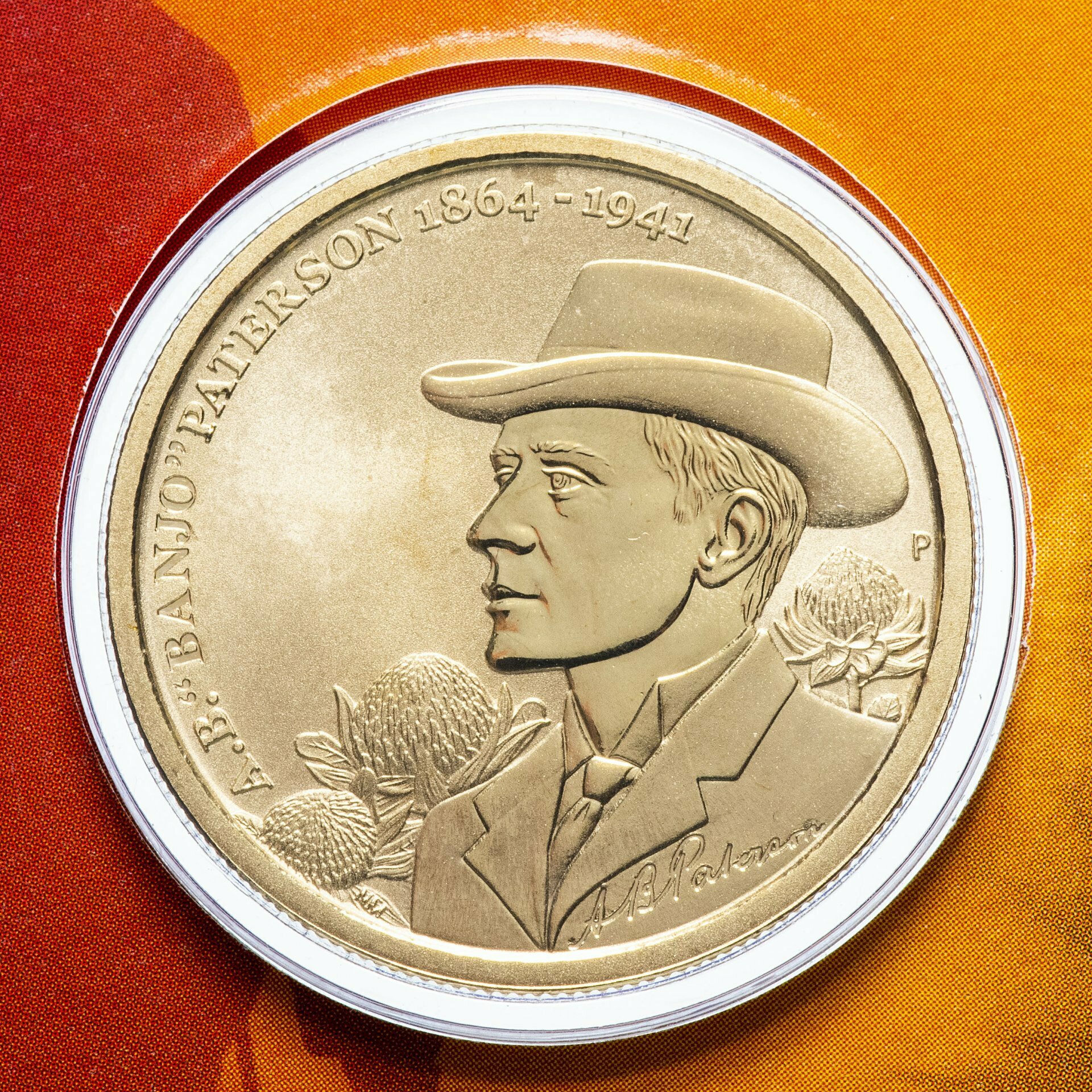 Австралия 1 доллар 2014 "A B "Banjo" Патерсон" в конверте, с маркой, Бронза, в сохранности UNC