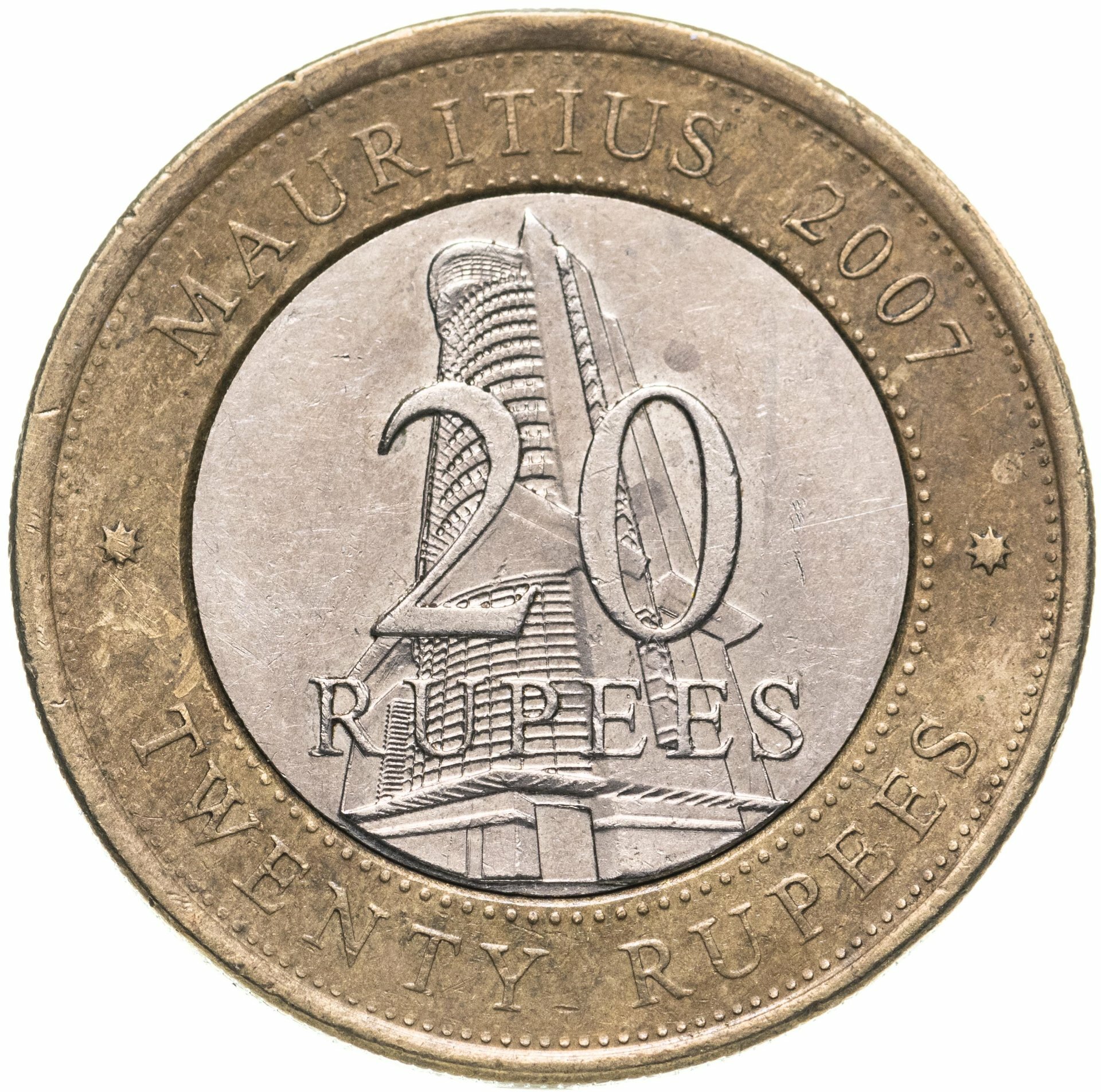 Маврикий 20 рупий 2007 40 лет Банку Маврикия, Биметалл, в сохранности XF