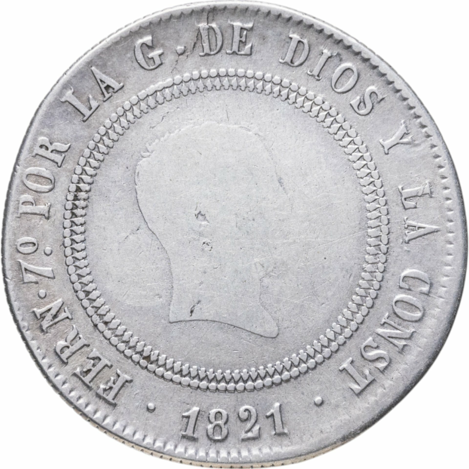 Испания 10 реалов reales 1821 MSR Фердинанд VII, Серебро 903, в сохранности F