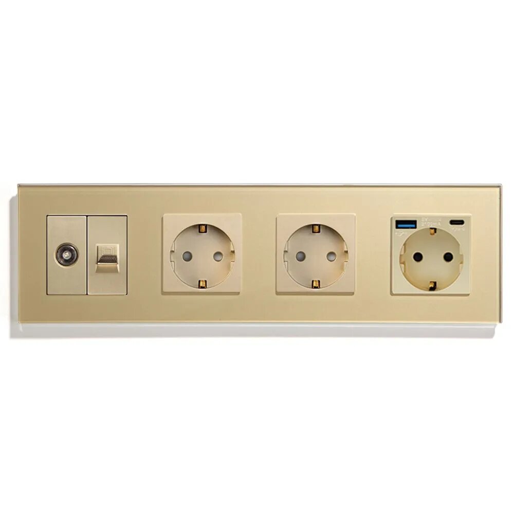Розетка электрическая 4 поста с USB/Type-C+RJ45 ТВ-Компьютер 220В 16А Стекло Рамка золото