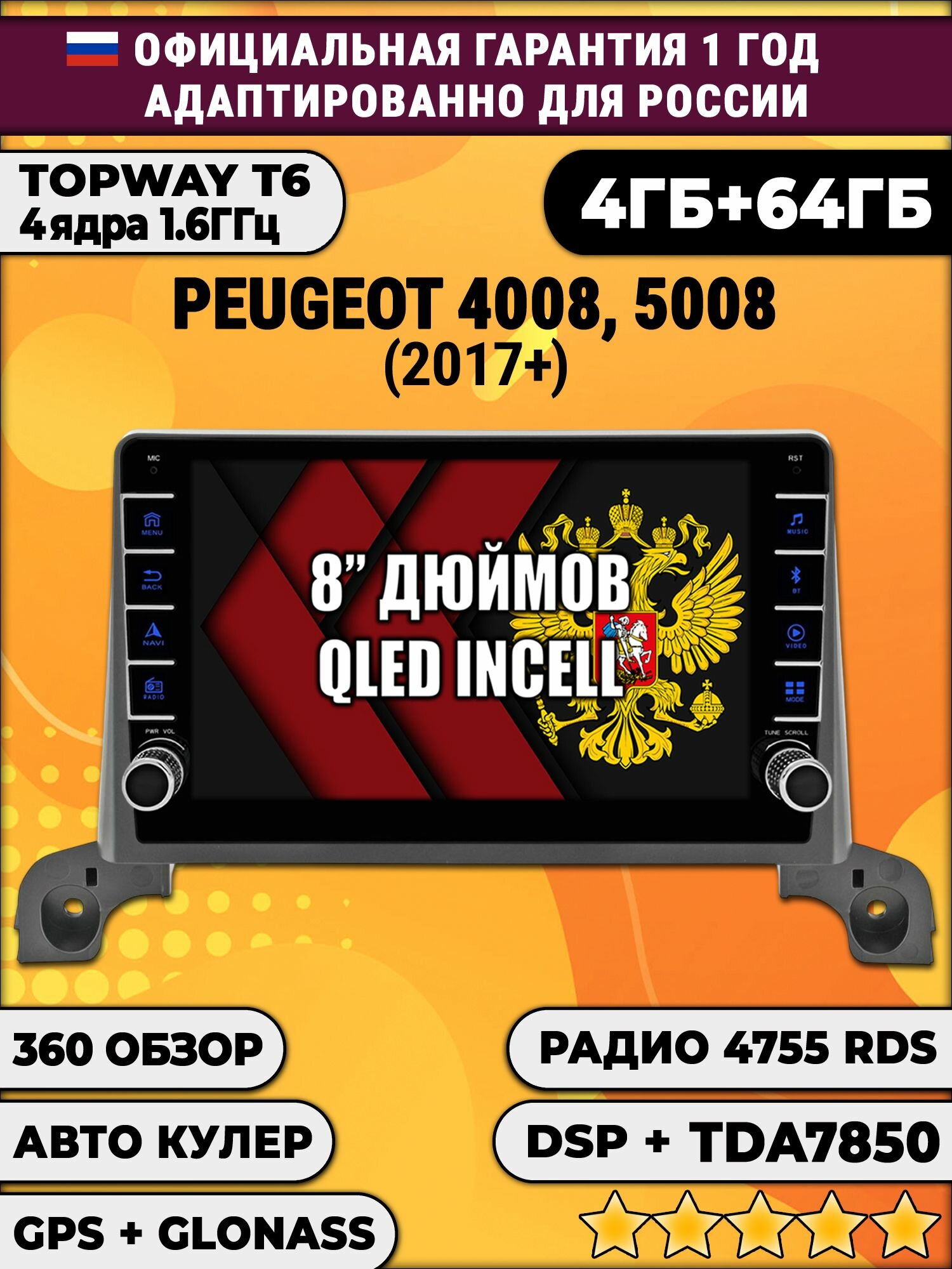 4гб+64гб с DSP и 360 для PEUGEOT 4008, 5008 (2017+) Пежо, Android магнитола с DSP и усилителем TDA7850