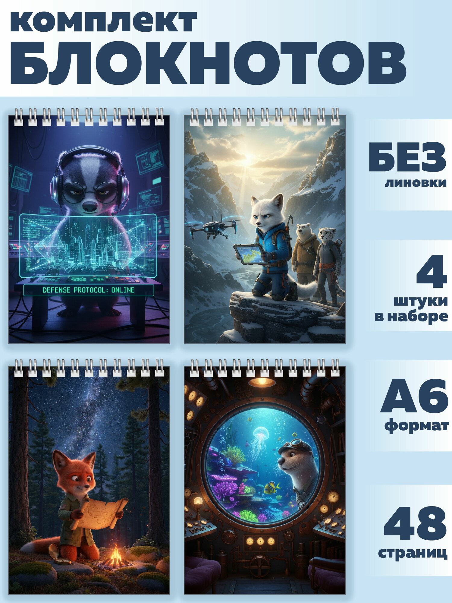 Комплект блокнотов А6 "Пушистые мальчики" на 23 февраля, 4 шт. (без линовки)