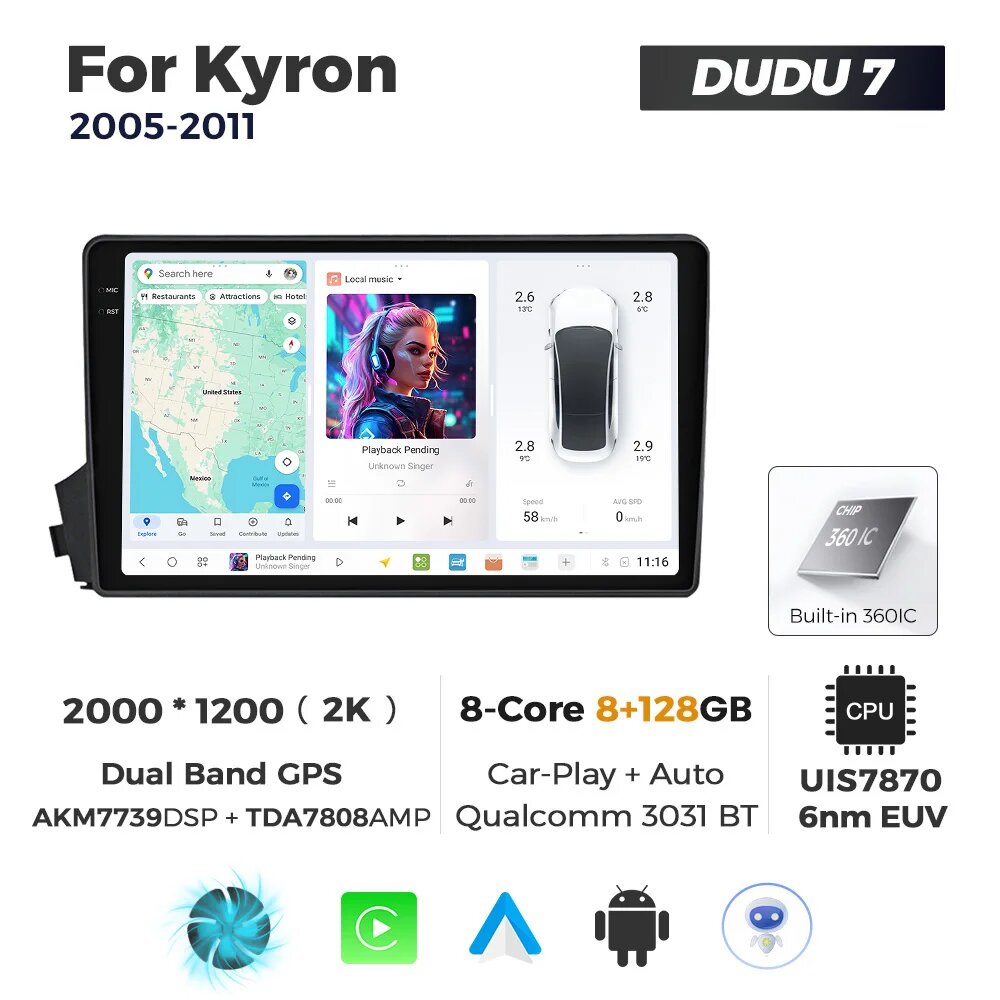 DUDUAUTO DUDU7 автомагнитола 12G + 512G A7870 для Ссангйонг Кайрон Актион C100 2005-2011 Android 13 беспроводная Carplay интеллектуальная система DUDU7 8-128G