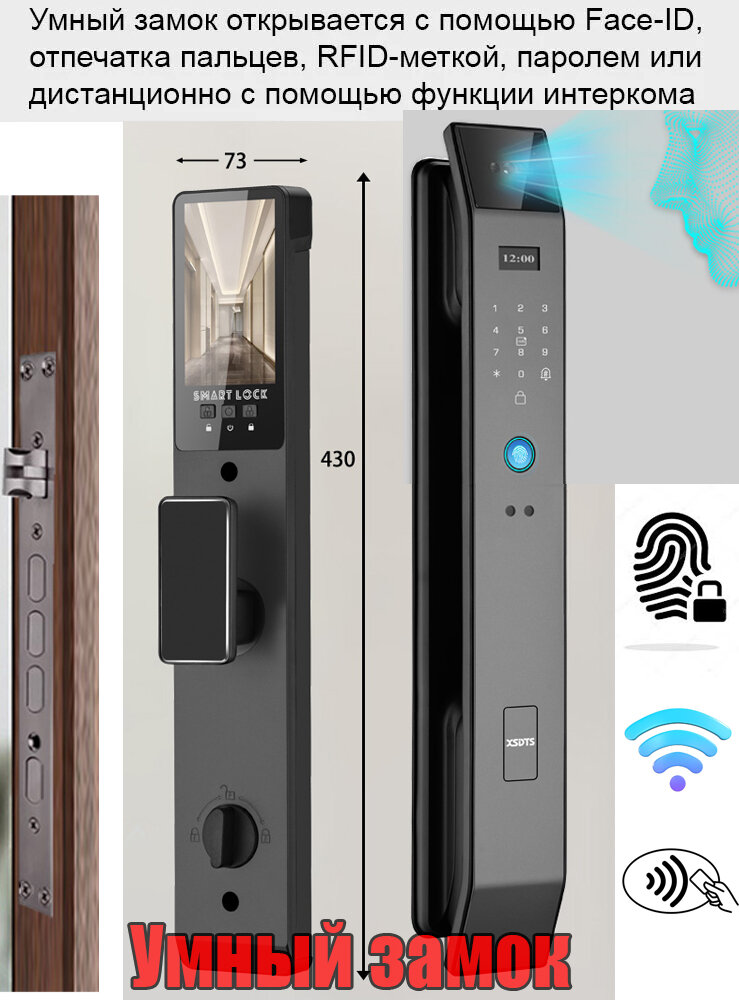 Электронный замок с WiFi, работает с Face-ID, отпечатком пальца.