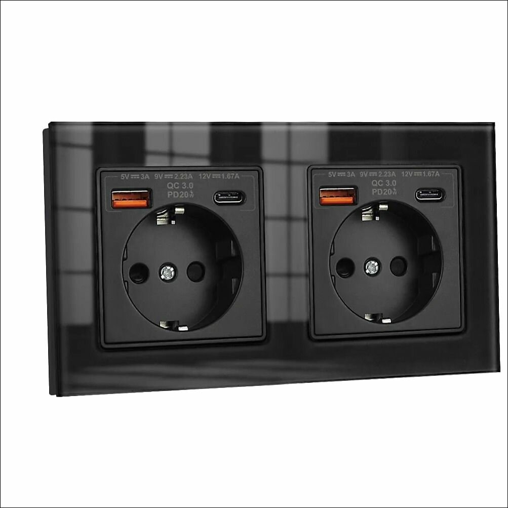 Розетка двойная с usb, Type-C быстрая зарядка 20W, закаленное стекло, черный