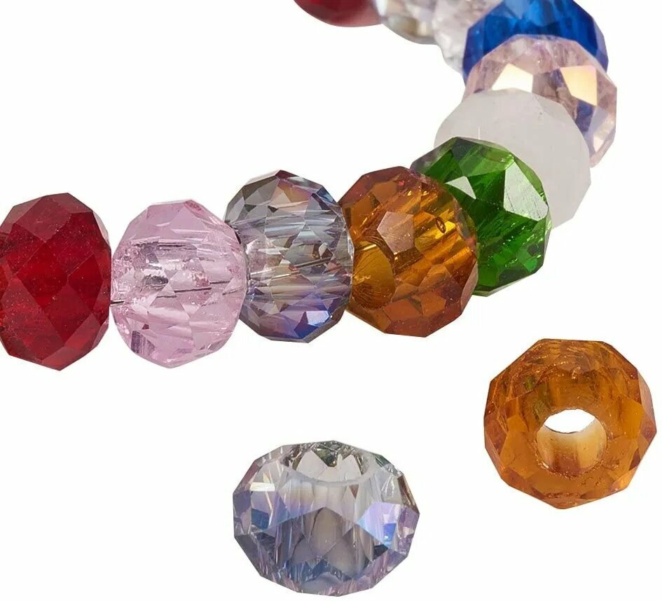 100 шт. разноцветных стеклянных бусин с большим отверстием, гранёных в форме ронделей, разноцветных, 8x5 мм, отверстие: 3 мм