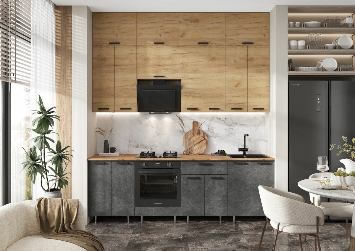 ЛДСП Кухня Рио NEW 2,4м Дуб Крафт, Бетон темный, столешница Дуб вотан