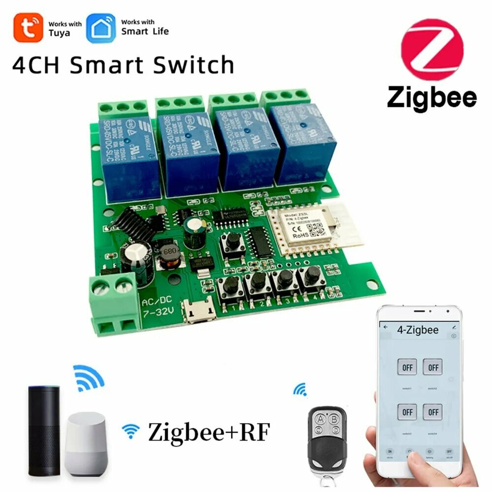 (I H P J) Zigbee Tuya Smart 4CH релейный модуль DC5V 7-32V RF433Mhz пульт дистанционного управления переключатель света работает с Home