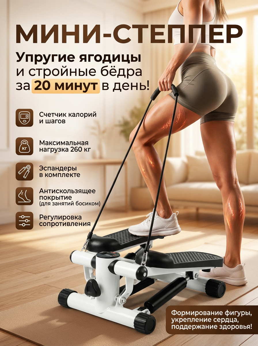 Мини-степпер с эспандерами, тренажер для дома, для тренировки мышц ног и ягодиц