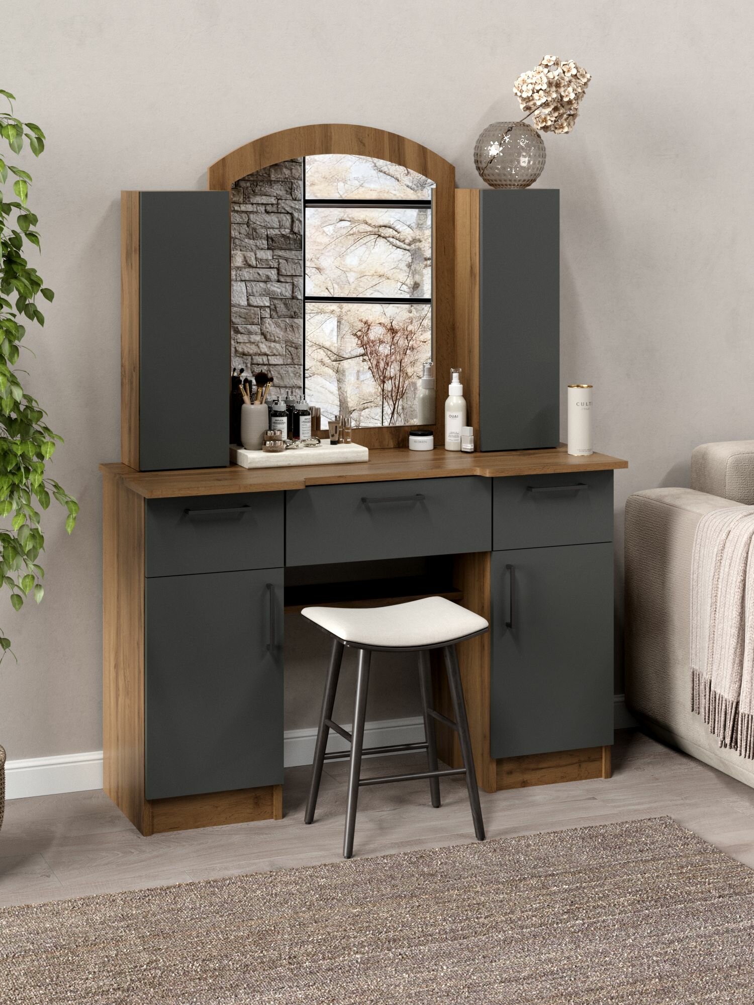 InHouse Туалетный столик КМ-18 Вотан/Антрацит 110х40х147, фасады ЛДСП