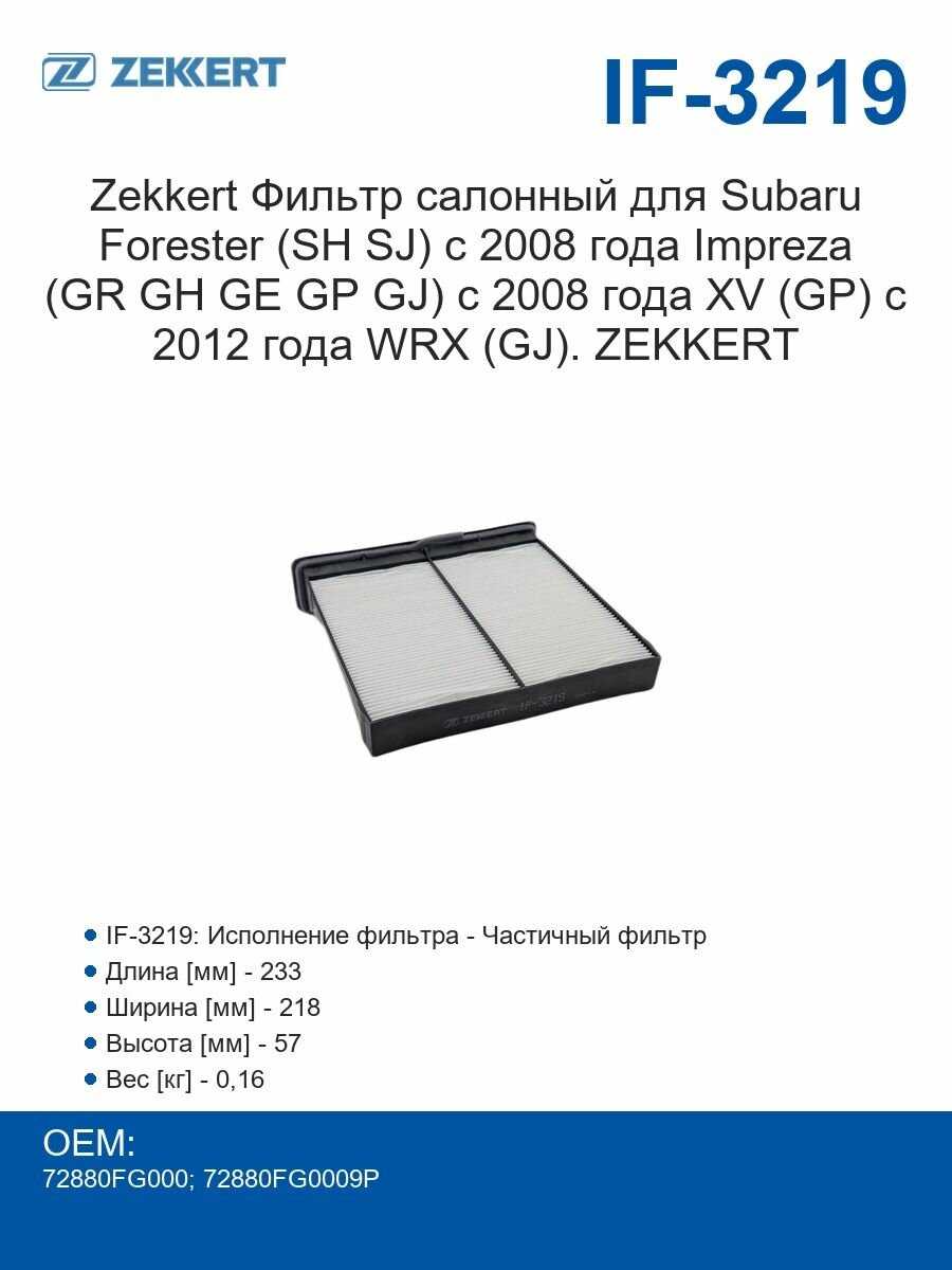 Zekkert Фильтр салонный для Subaru Forester (SH SJ) с 2008 года Impreza (GR GH GE GP GJ) с 2008 года XV (GP) с 2012 года WRX (GJ). ZEKKERT