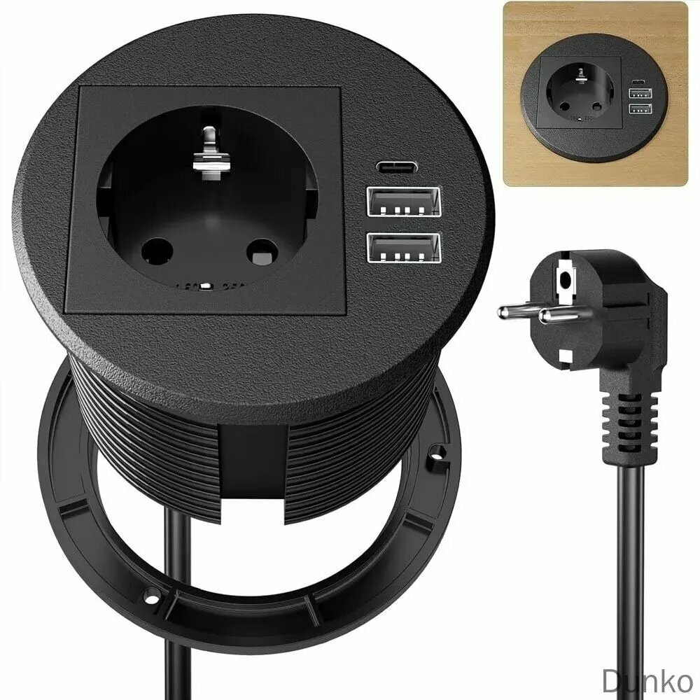 Встраиваемая выдвижная розетка для столешницы / 1 розетка + 2 USB A + USB Type-C
