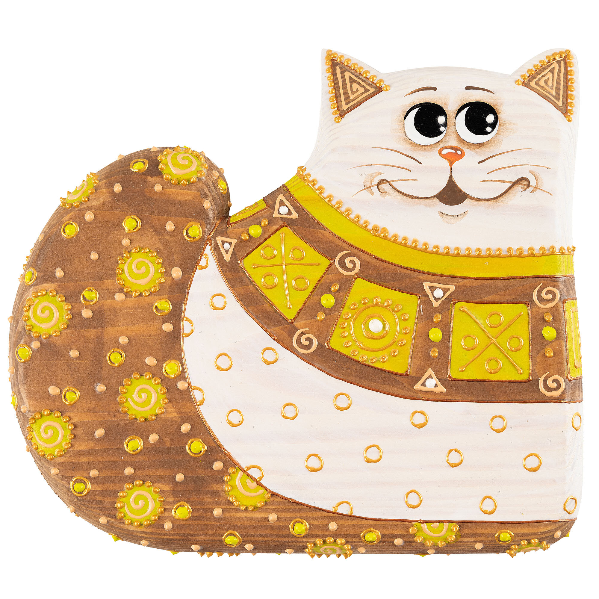 Подвеска деревянная ручной работы Кошка Тося зелено-желтый узор (692803)