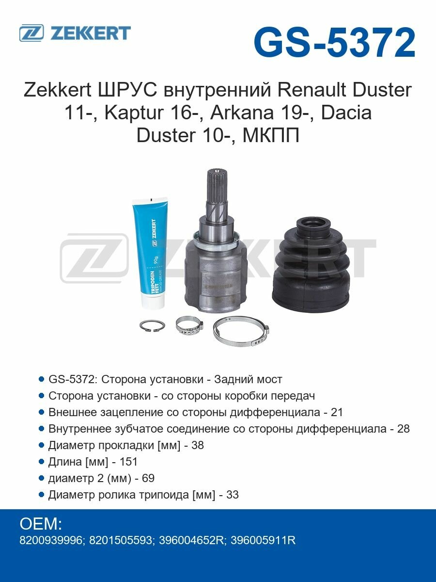 Zekkert ШРУС внутренний Renault Duster 11-, Kaptur 16-, Arkana 19-, Dacia Duster 10-, МКПП