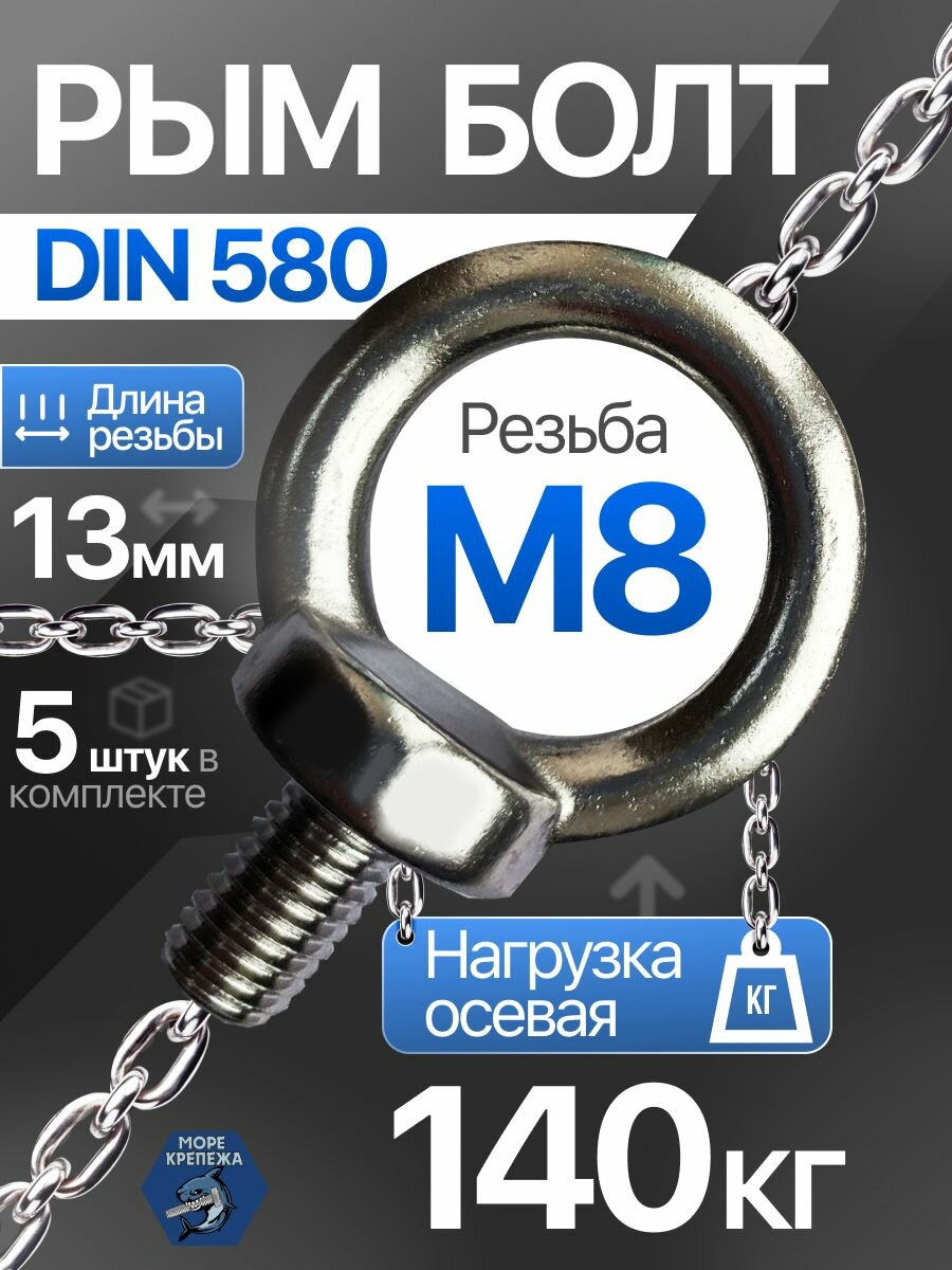Рым-болт М8 оцинкованная сталь DIN580, 5 шт