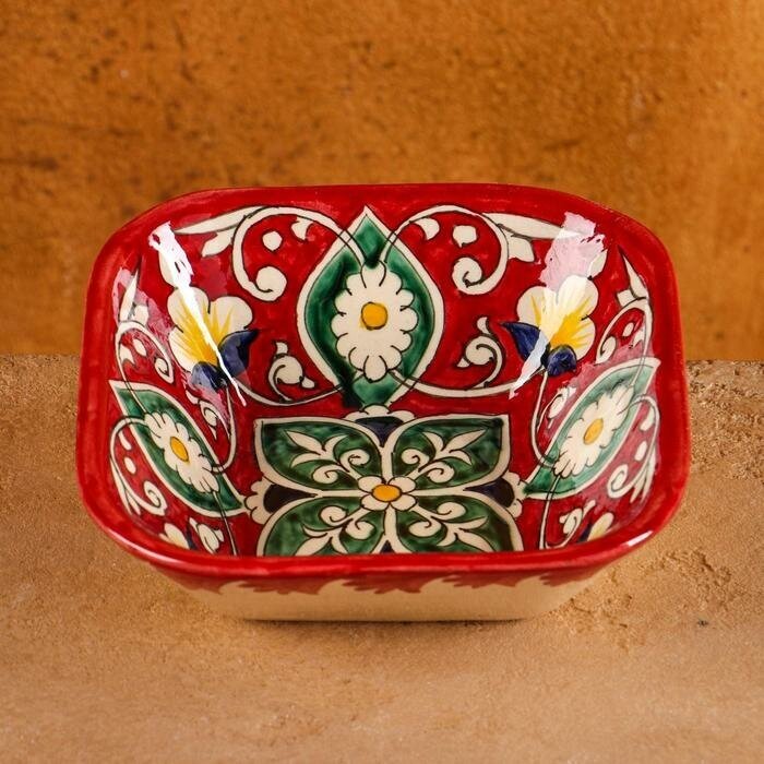 Салатник Риштанская Керамика «Цветы», 350 мл, 14×5 см, красная, микс