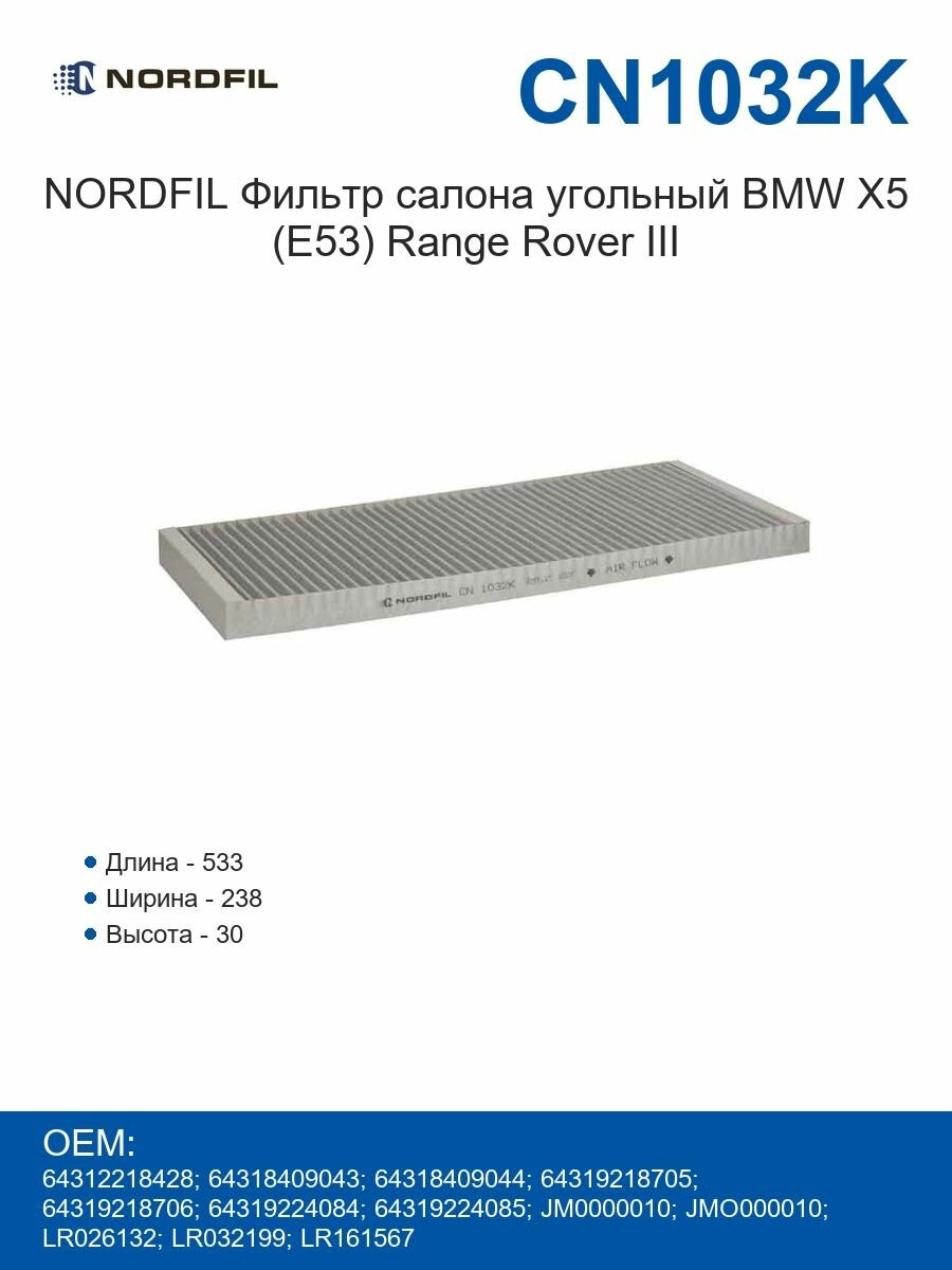 NORDFIL Фильтр салона угольный BMW X5 (E53) Range Rover III
