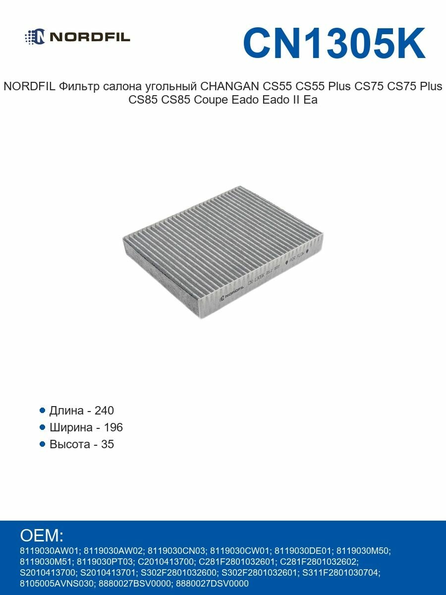NORDFIL Фильтр салона угольный CHANGAN CS55 CS55 Plus CS75 CS75 Plus CS85 CS85 Coupe Eado Eado II Ea