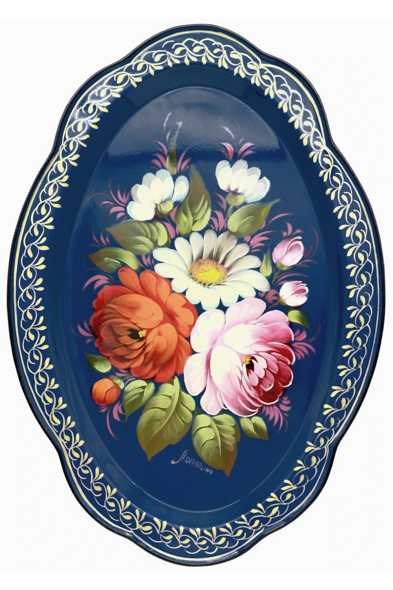 Поднос Жостово Букет темно-синий, 34 х 23 см, авт. Лопатина.