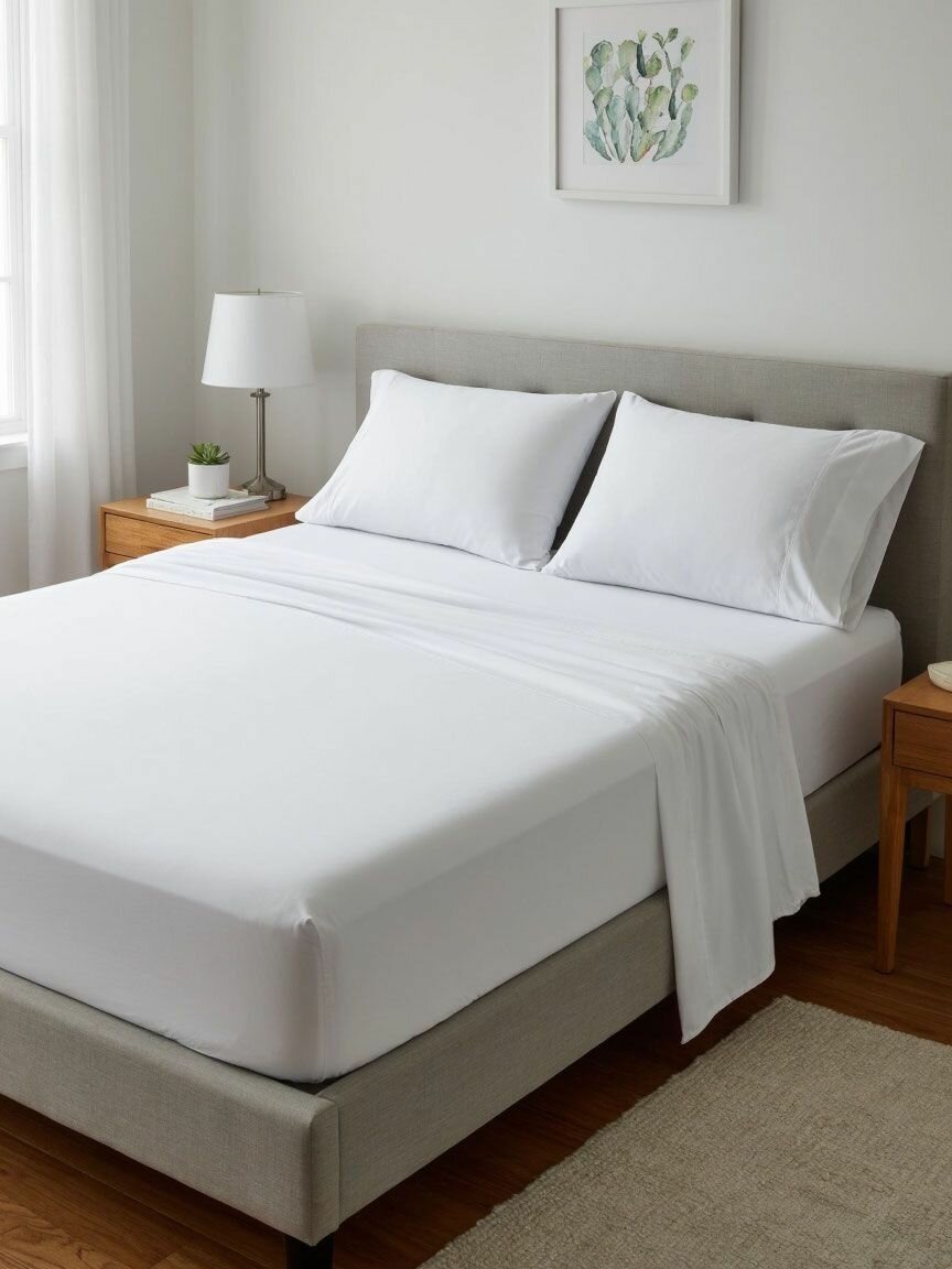 Трикотажная премиум простыня на резинке-100% хлопок: "Белоснежный Подснежник" - Alice Textile. Размер: 180х200. Высота борта 20 см.