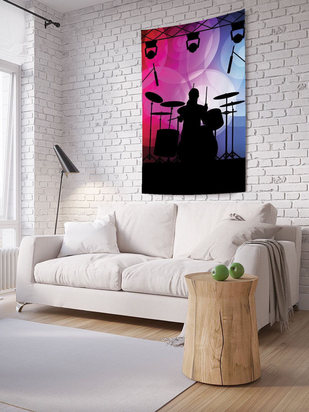 Фотопанно на стену вертикальный из ткани постер 100х150 "Барабанщик в софитах", JoyArty