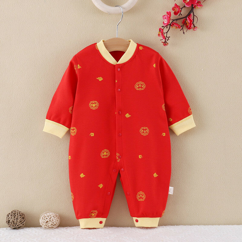 Красный наряд для новорожденного на полнолуние, тонкий комбинезон, праздничный ярко-красный бесшовный комбинезон для новорожденного на сто дней