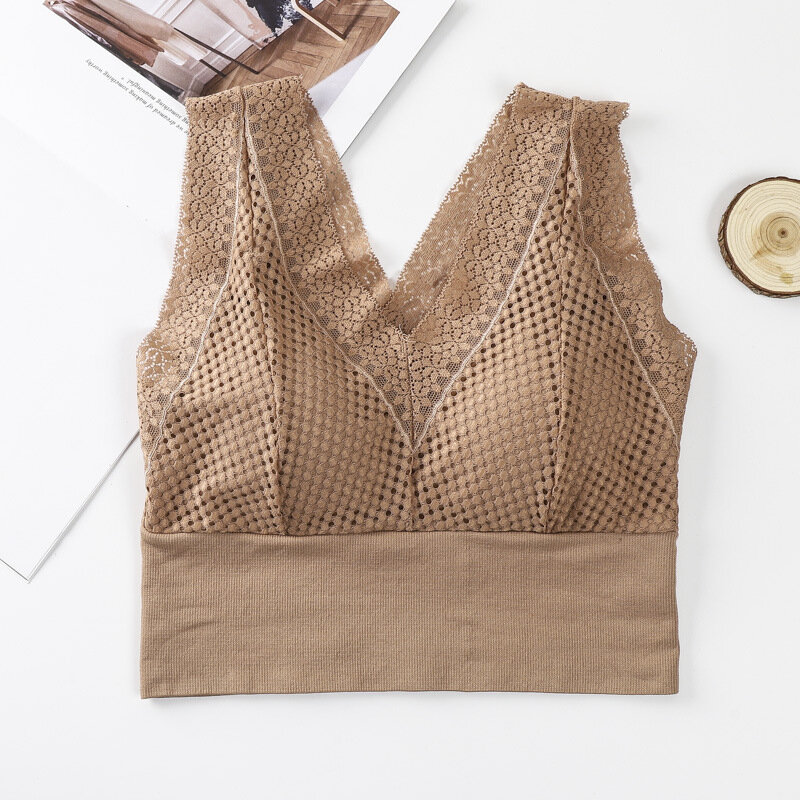 TikTok Live Beauty Back VV Глубокий вырез на груди, кружевной бюстгальтер для женщин, антиэкспозиционный топ, ночная майка, дышащая чашка с подкладкой
