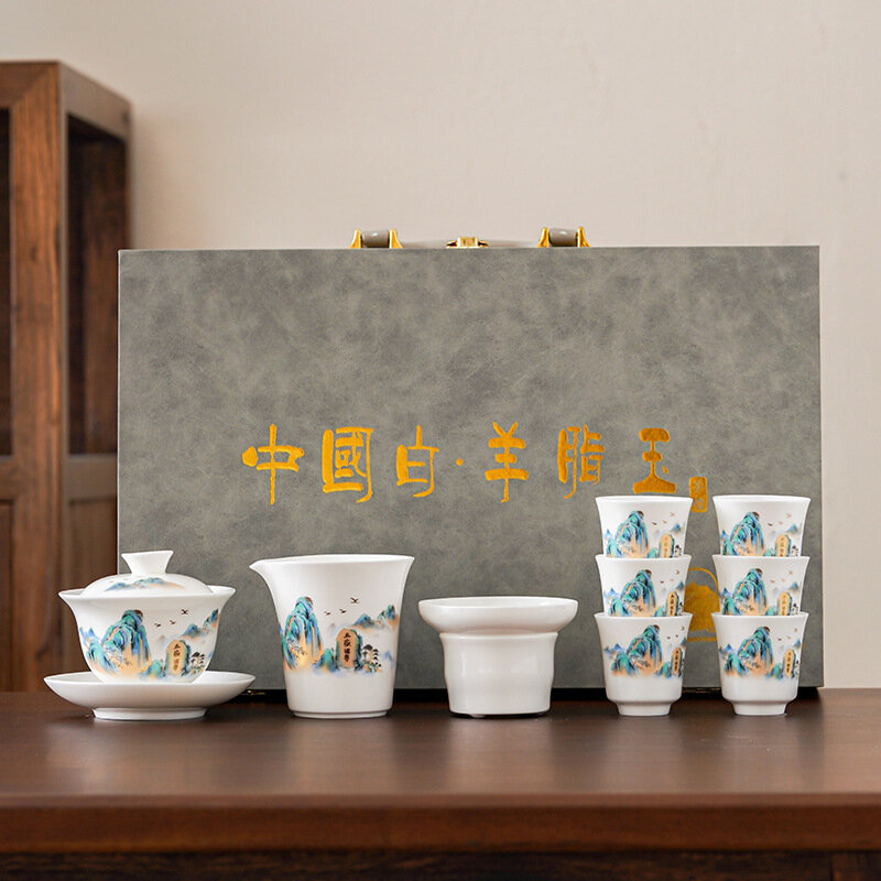 Набор для чая в национальном стиле, культурный креативный подарочный набор, овечий жир, белый фарфор, бизнес-подарок, корпоративное мероприятие, высококачественный сувенир