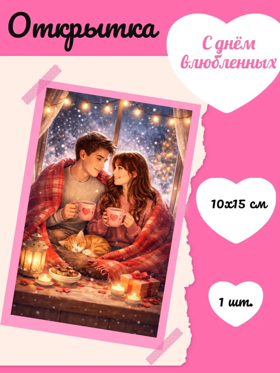 Открытка с Днем святого Валентина, влюбленных 10х15 см