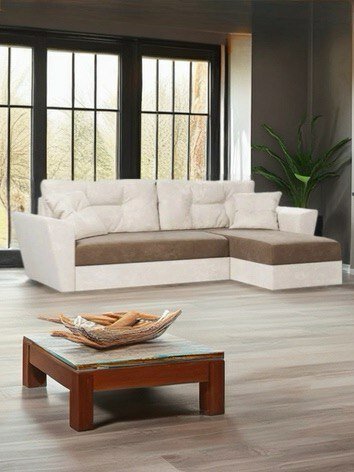 Угловой диван-кровать "Амстердам" бежево-коричневый велюр, угол правый, Еврокнижка, 235 х 82 х 140 см