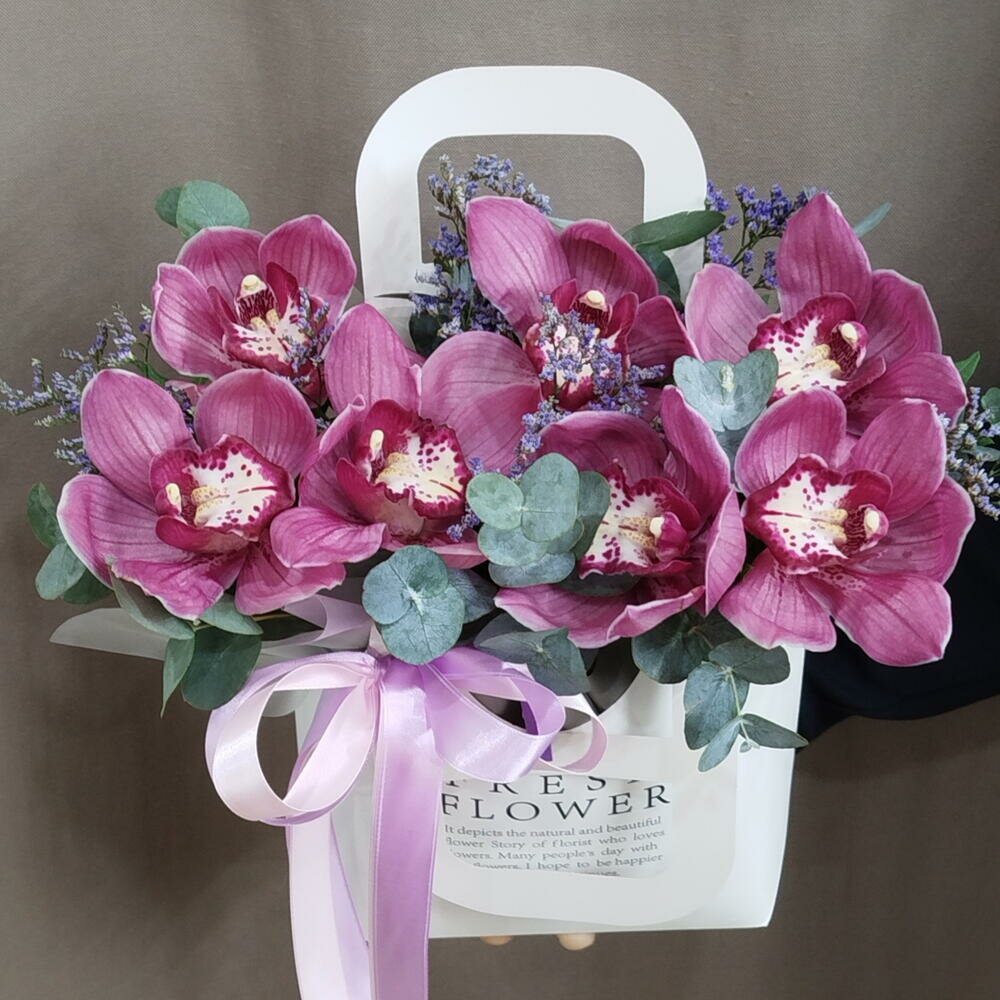 Орхидея "Цимбидиум", в сумочке, розовая, 7 шт, флористическая губка, 25 см