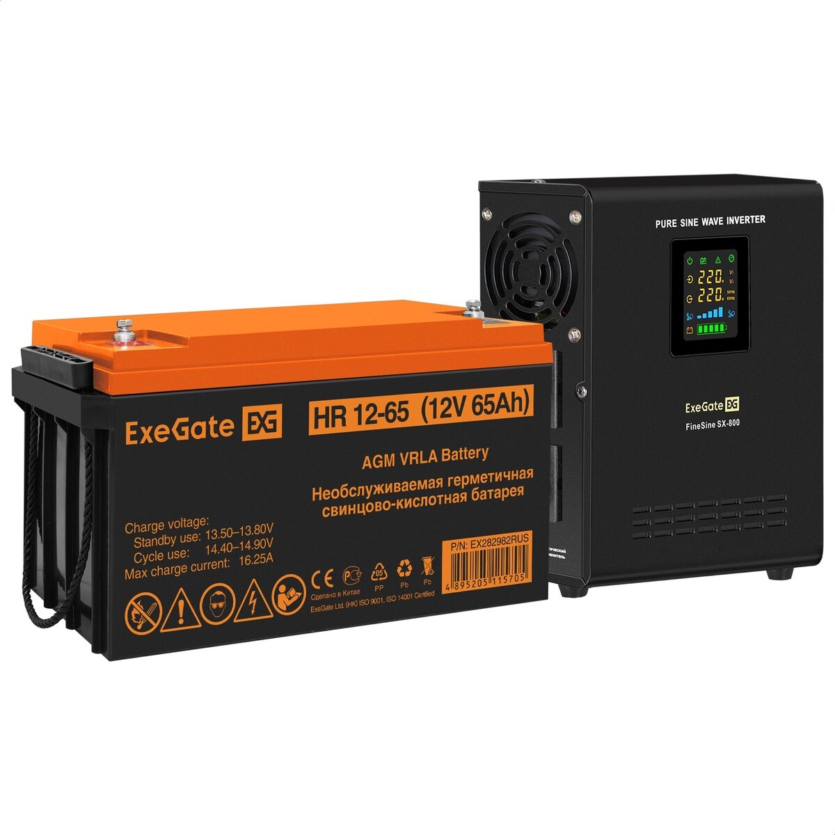 Комплект ИБП EX295996RUS + батарея 65Aч EX282982RUS 1шт ExeGate FineSine SX-800. LCD. AVR.2SH