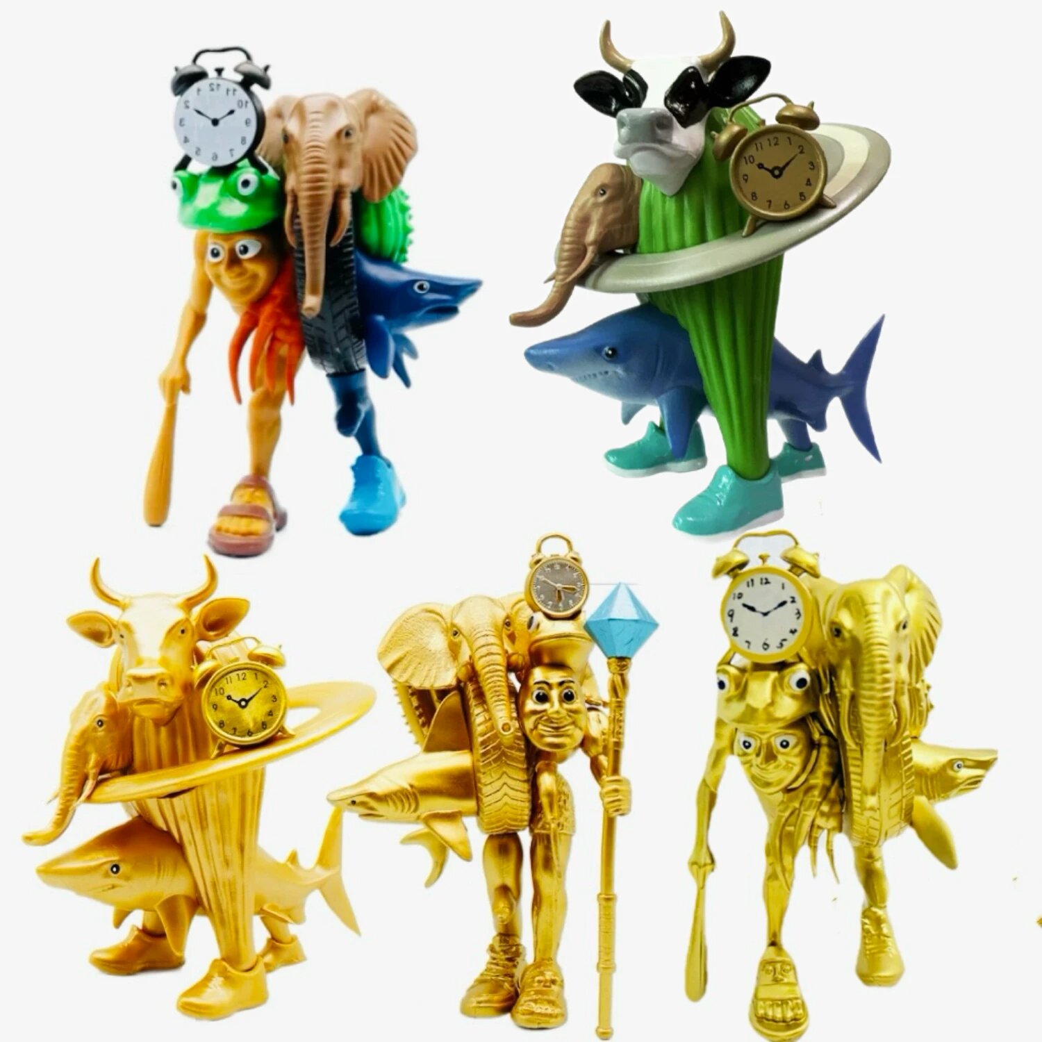 Комбинация деревянной фигурки, коровы, золотой коровы, золотой каменной фигурки и золотой фигурки, 5 шт.