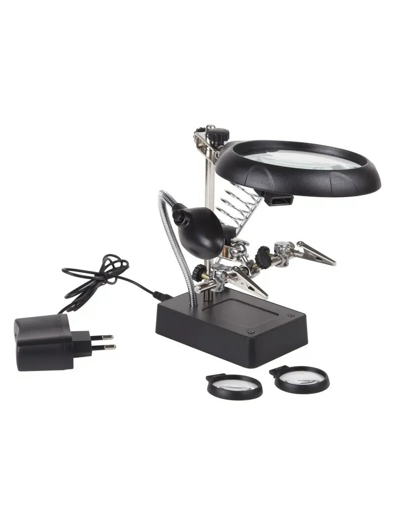 Держатель Третья рука для пайки с лупой, металлический, с фиксаторами
