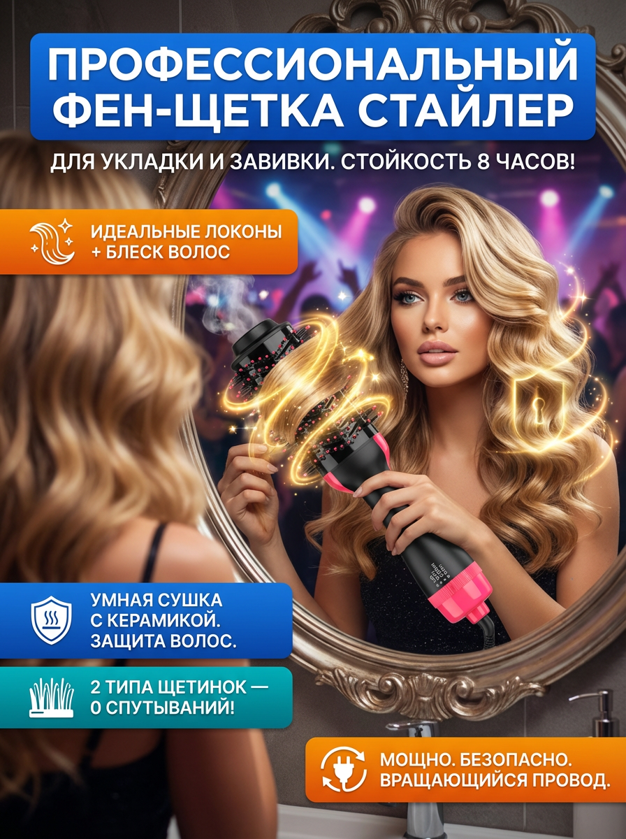 Фен-щетка для волос 3 в 1, Термощетка, Выпрямитель для волос, Стайлер, Расческа