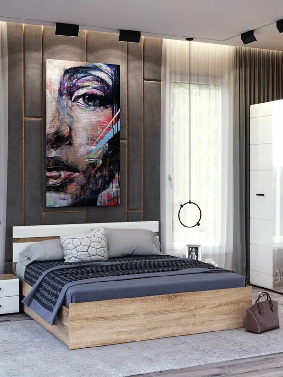 Кровать двуспальная Нэнси New 1,6 м 1635х800х2037, Дуб сонома/Белый глянец, с подъемным механизмом, МИФ