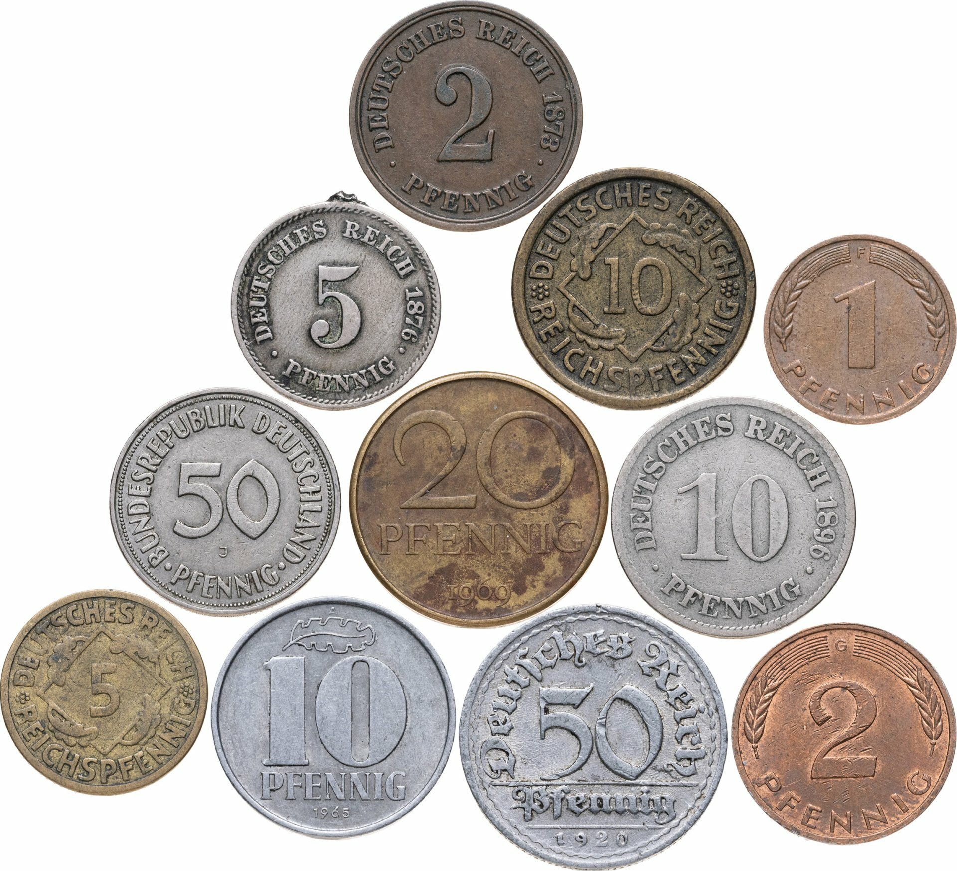 Германия набор из 11 монет 1, 2, 5, 10, 20, 50 пфеннигов pfennig 1873-1978, Цинк, в сохранности F-AU