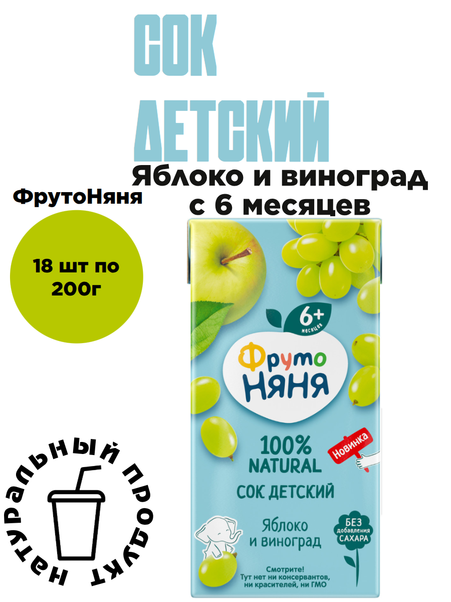 Сок детский ФрутоНяня Яблоко и виноград с 6 месяцев, 200мл по 18 штук