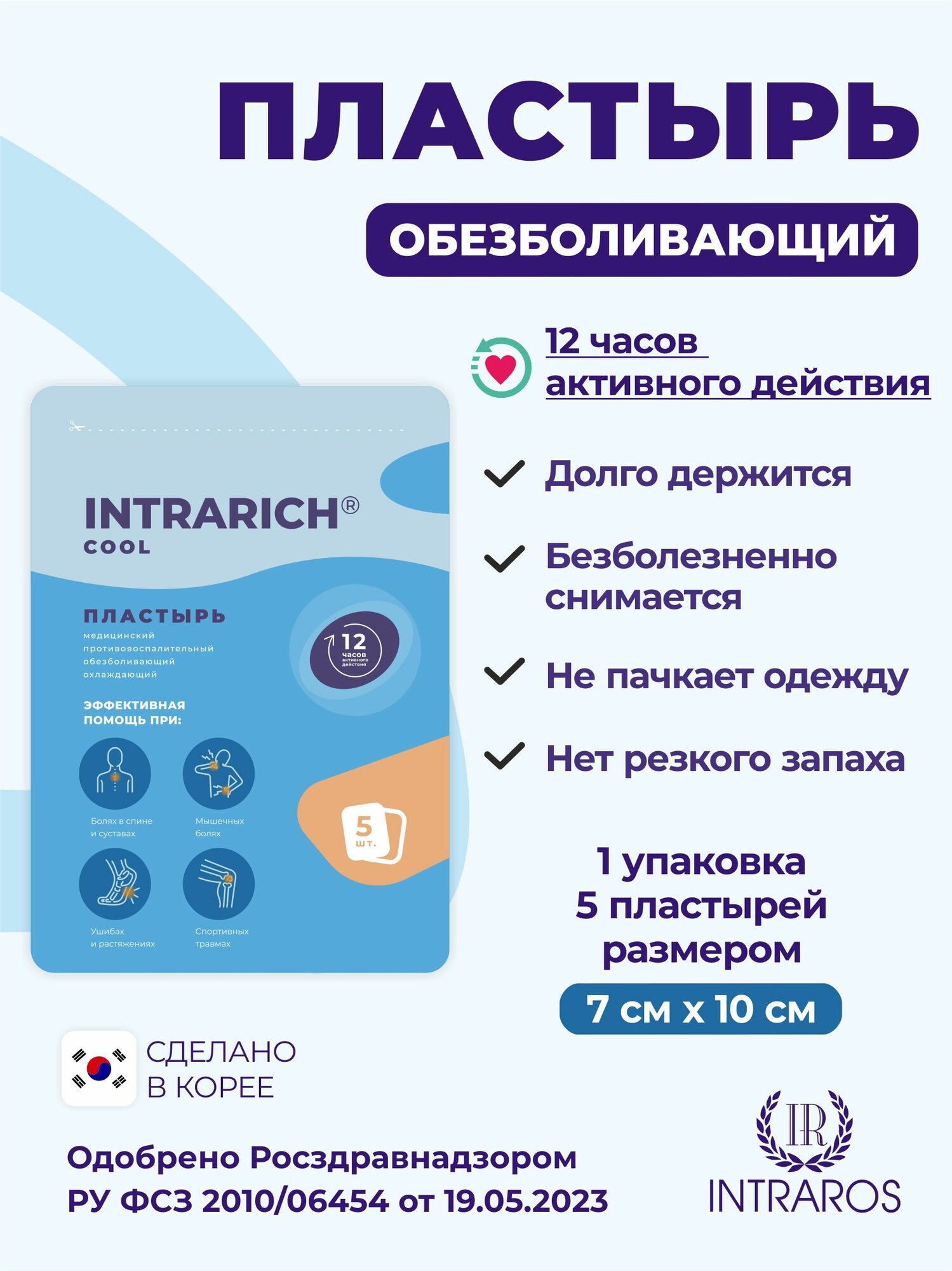 Пластырь обезболивающий, охлаждающий INTRARICH COOL, противовоспалительный, для суставов, мышц, спины, 5 шт, корейский