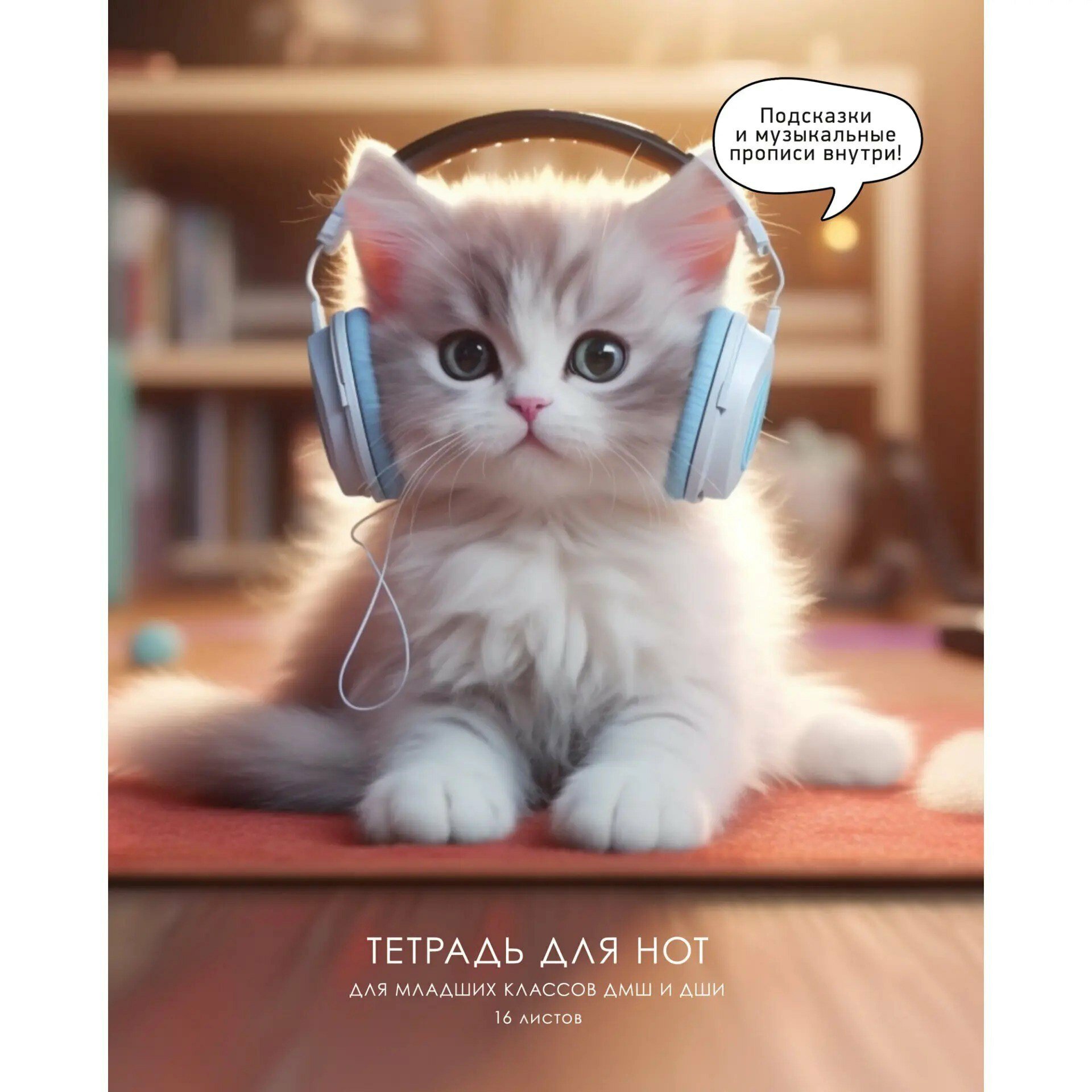 Тетрадь для нот А5 16л "Мур-музыка" скрепка, мел. картон 230г/м2, глянц. ламинация, широкий нот. стан, прописи, справ. инфо