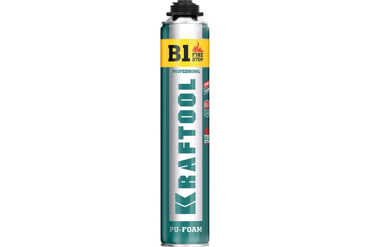 Пена монтажная KRAFTOOL Fire Stop B1, объем 750 мл, пистолетная, огнестойкая, не залипающий клапан, 240С, SVS, выход до 51 л