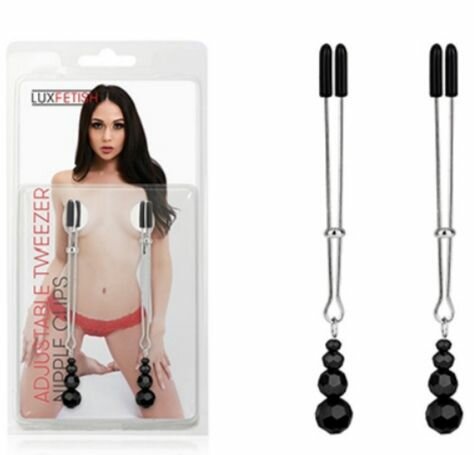 Lux Fetish Adjustable Tweezer Nipple Clips, черные. Клипсы для стимуляции сосков с декором